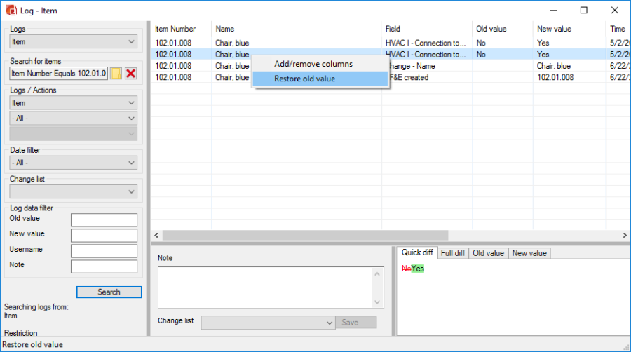 Restore old values for items