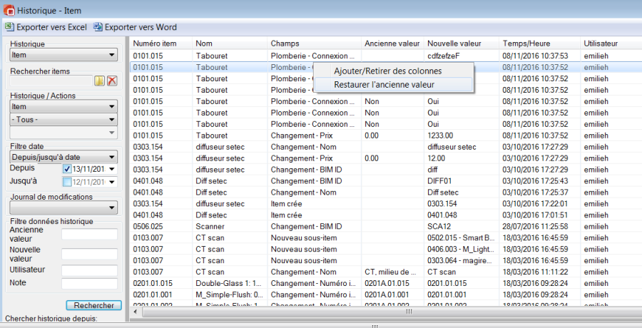 Restaurer les anciennes valeurs des items