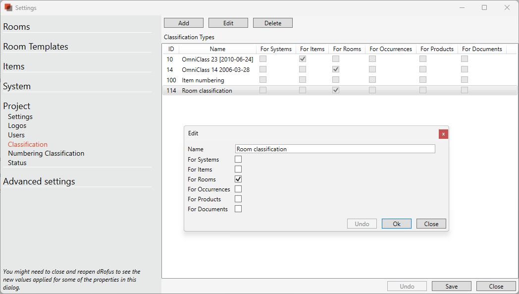 Edit Classification Setup