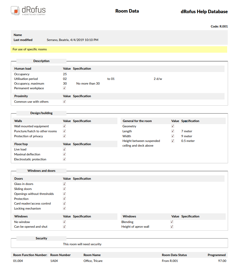 Room Data Template PDF Report
