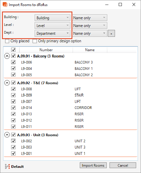 Import Revit Rooms or Spaces to dRofus
