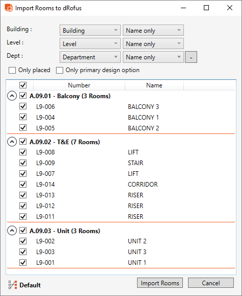 Import Revit Rooms or Spaces to dRofus