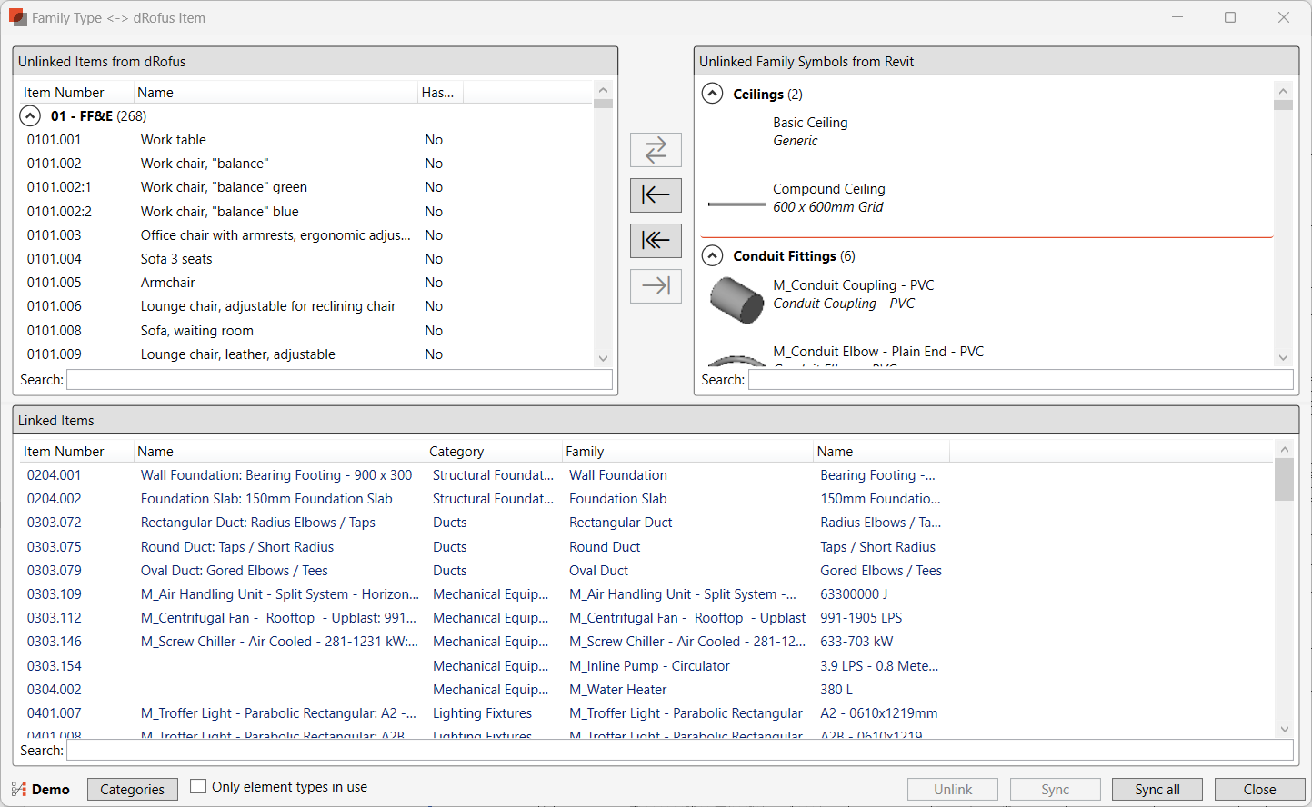 Link and Synchronize dRofus Items and Revit Family types