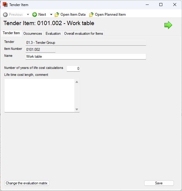Display Tender Items Specification