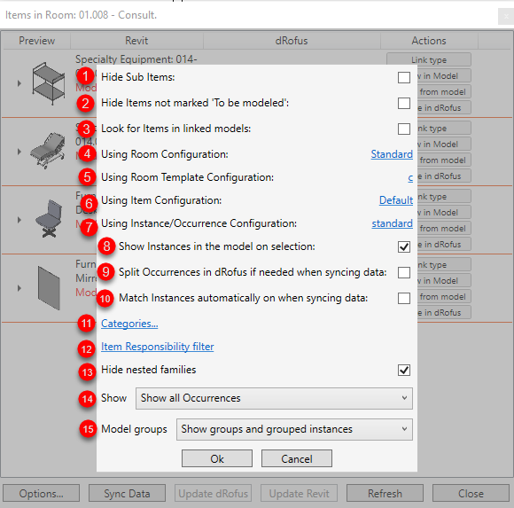 Items in Room / Spaces Options
